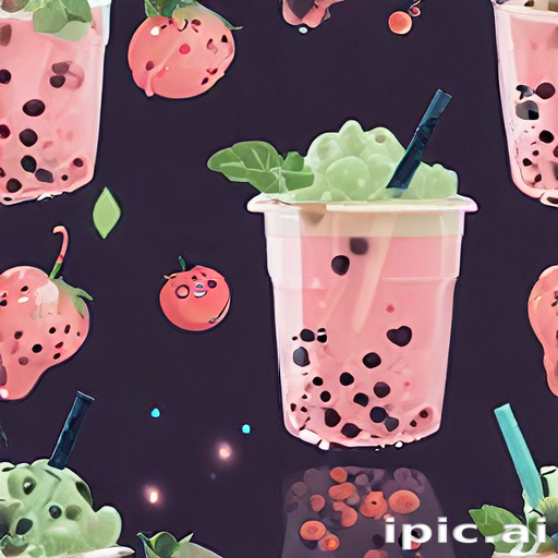 Colorful Illustration of Delicious Boba Tea Cups and Fruits Background