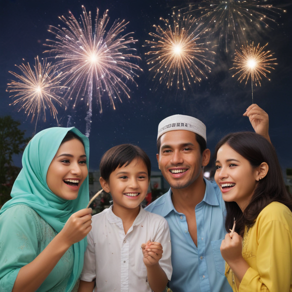 Hari Raya poster with happy muslim family playing firecrackers