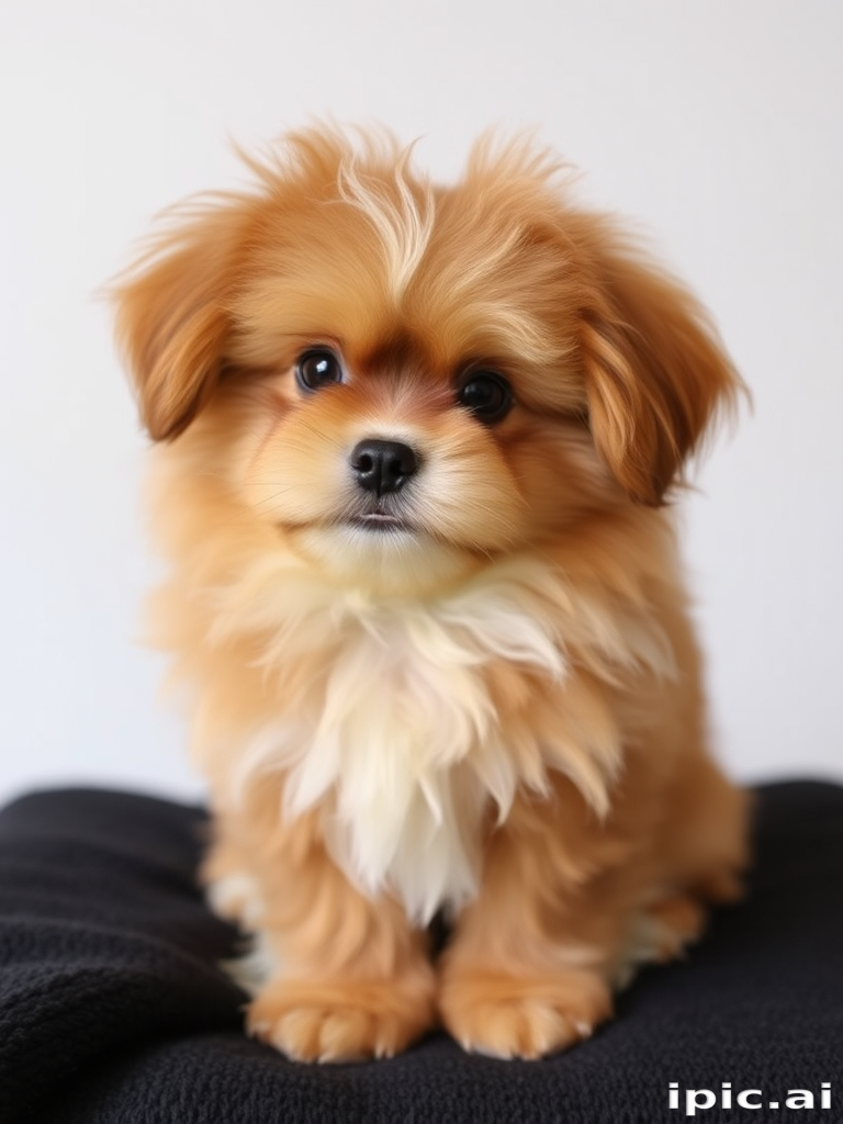 A Cute and Fluffy Puppy with Adorable Features Sitting on a Blanket.
