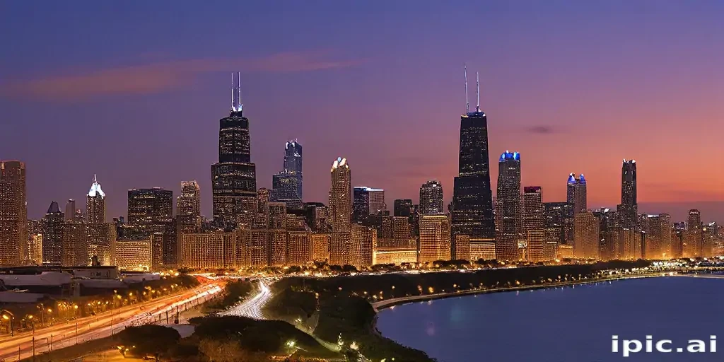 Stunning Cityscape of Chicago at Dusk with Glittering Skyline and Water