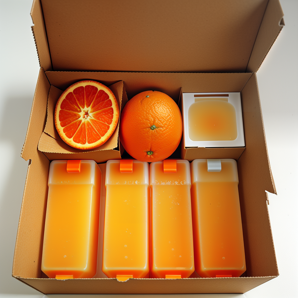 Freshly Packaged Orange Juice and Whole Oranges in a Cardboard Box