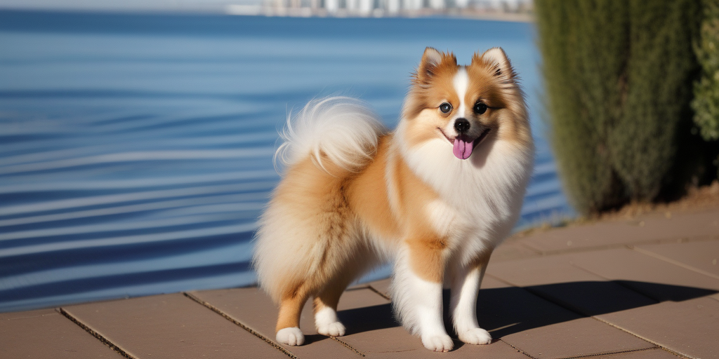Adorable Pomeranian Dog Playfully Posing by a Serene Waterfront Scene