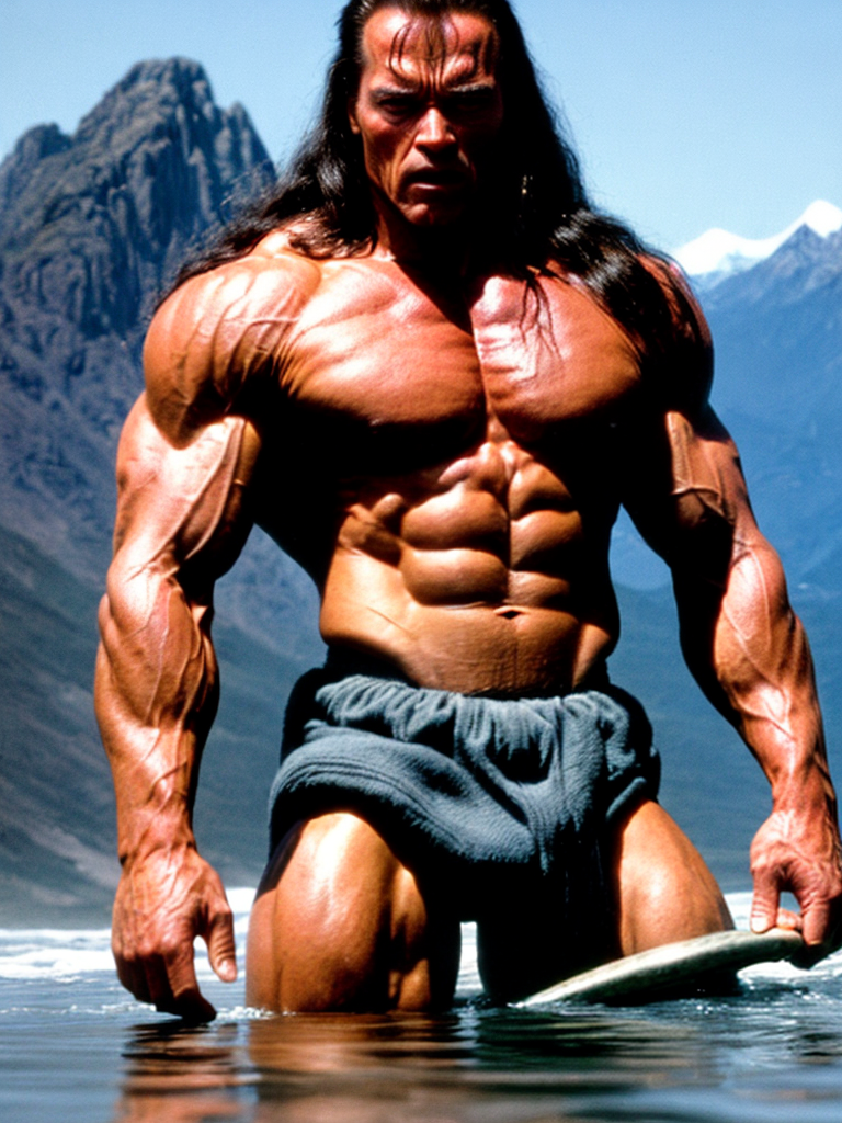 Describe the iconic image of Arnold Schwarzenegger as Conan the ...