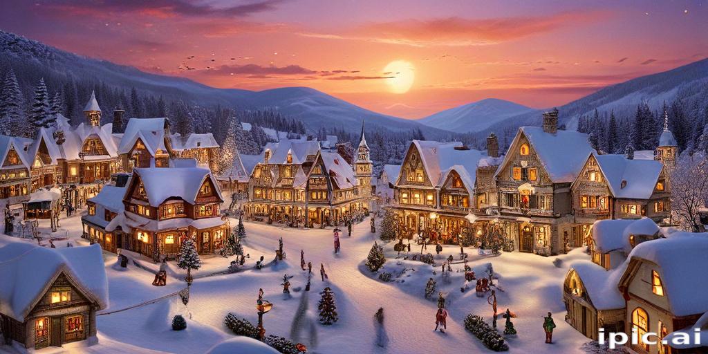Charming Winter Village at Dusk, Adorned with Snow and Lights