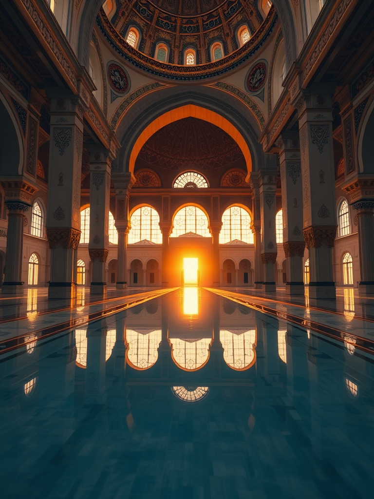 Generate a beautiful scene of an intricate mosque at sunrise with rich ...