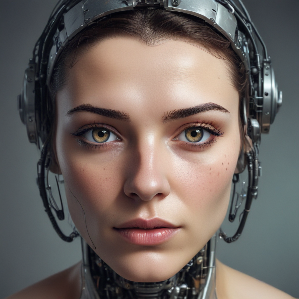 techno, human face, half robot. Defect, Mechanical, space, future