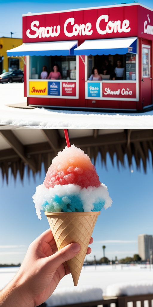 Delightful Snow Cone Stand and Colorful Ice Treat in Hand
