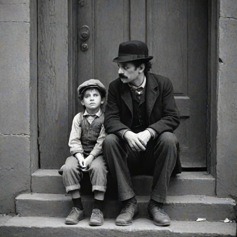 Father and Son Sitting Together on Steps, Sharing a Quiet Moment