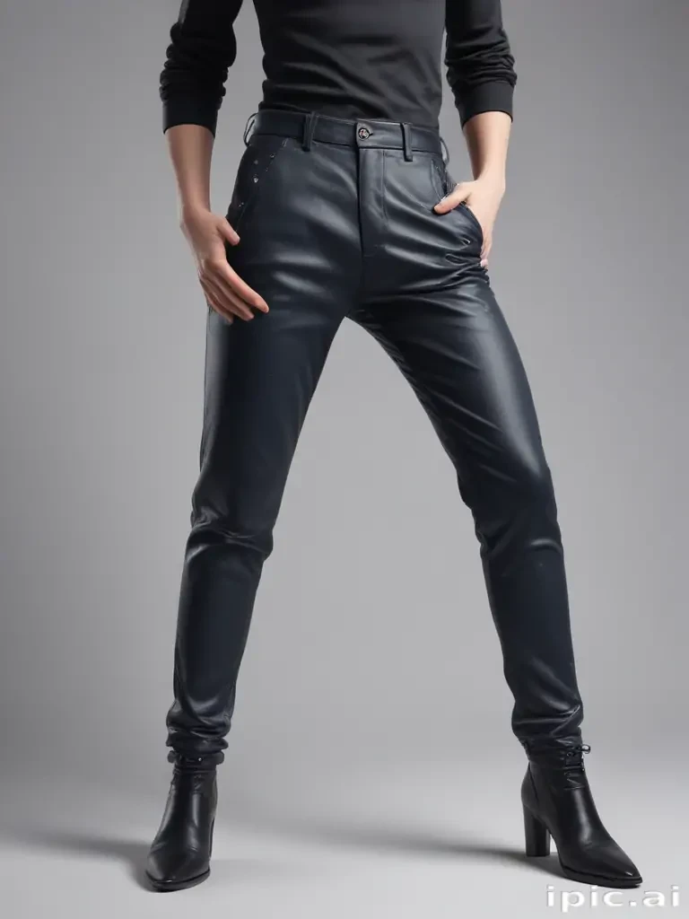 Stylish Model Posing Confidently in Sleek Black Leather Pants and Heels