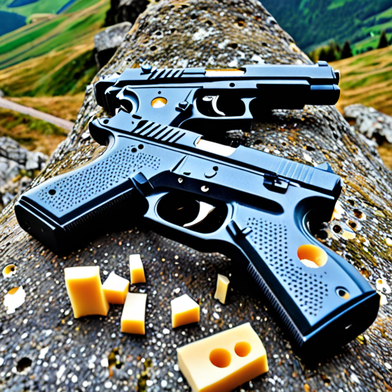 guns sticking out of the holes in a mountain made of swiss cheese