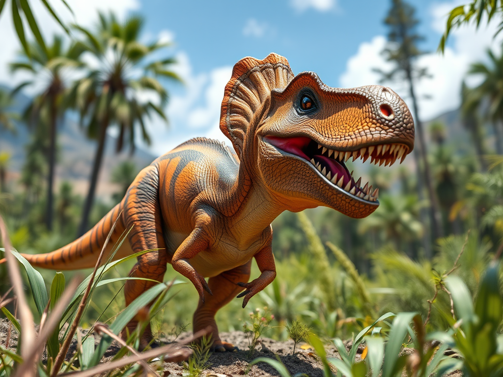 Create a highly detailed and vibrant illustration of a dinosaur in a ...