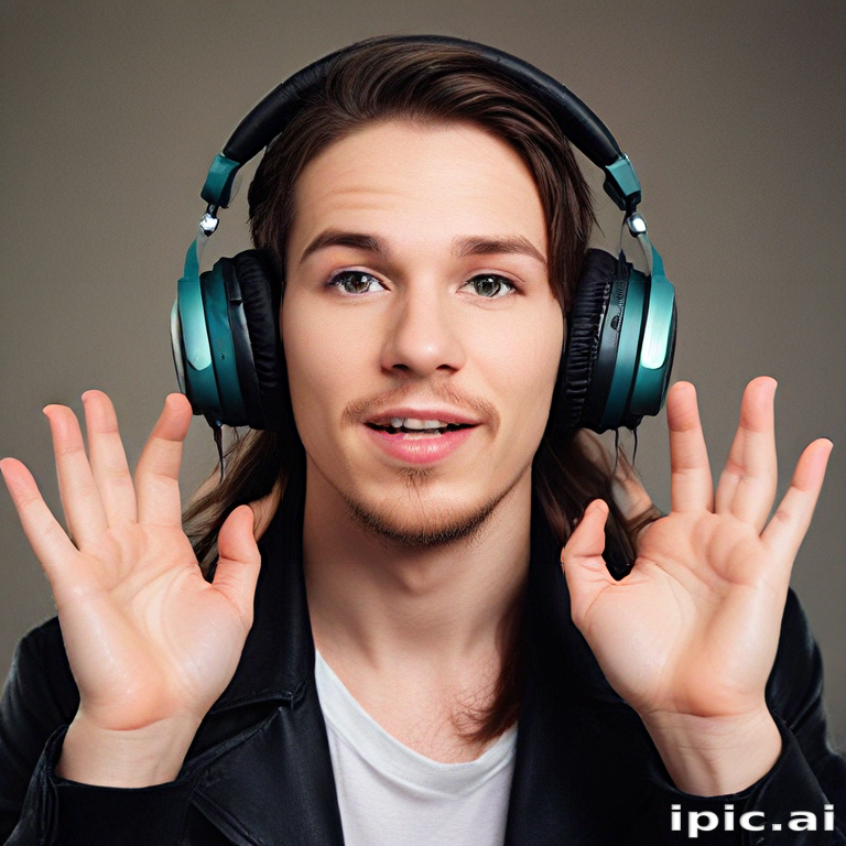 Young Man Enjoying Music with Headphones While Making a Fun Gesture