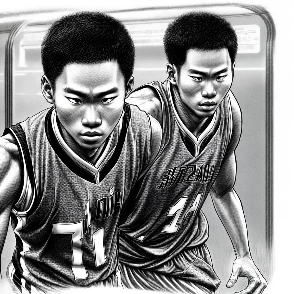 ASIAN BASKETBALL PLAYER PLAY IN SUBWAY TRAIN. VERY CLOSE-UP. COMIC BOOK ...