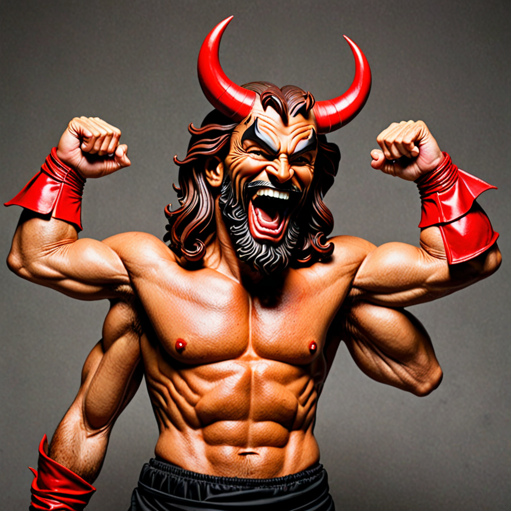 a smiling devil fighting happy jesus in the octagon