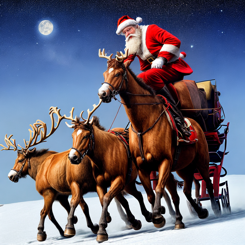 dramatic way of santa claus on his sled with reindeers by night only one
