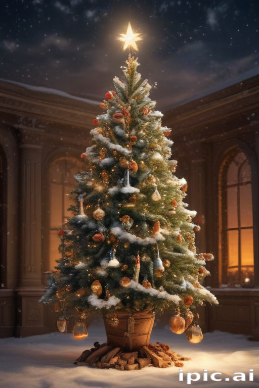 Beautifully Decorated Christmas Tree with Sparkling Ornaments and Snowy ...