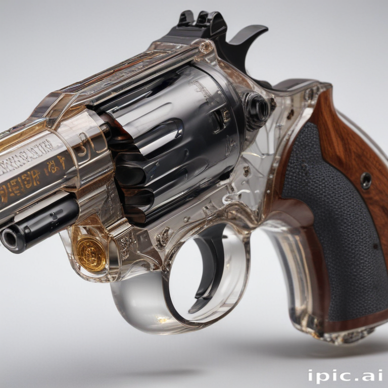 A Detailed Close-Up of a Transparent Revolver with Wood Accents.