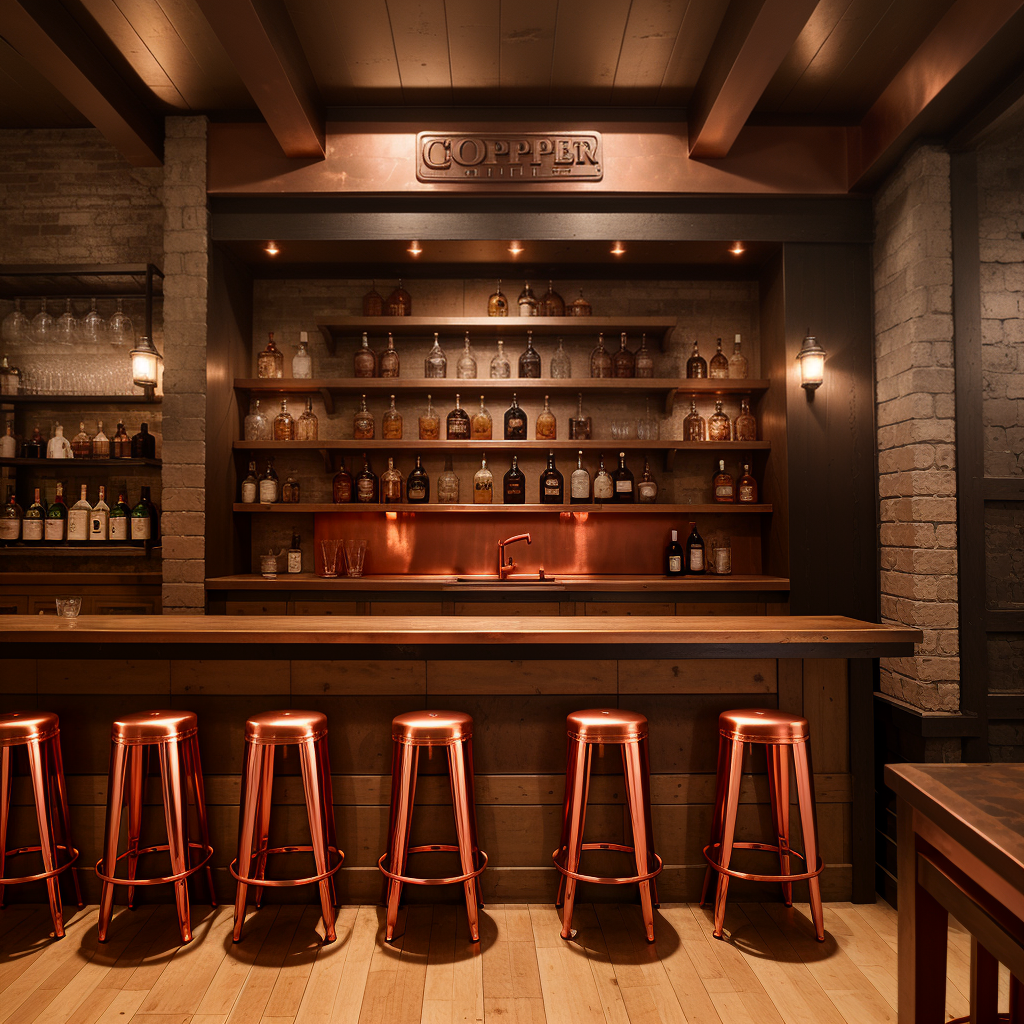 Inviting Bar Scene with Copper Stools and Warm Rustic Ambiance
