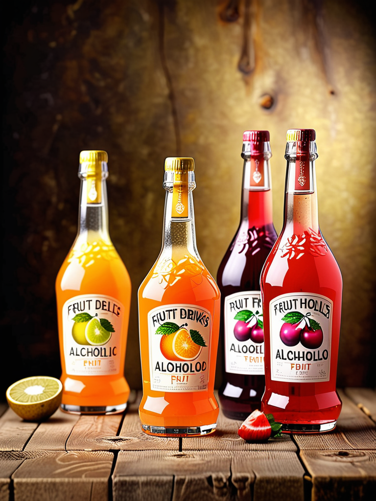 Colorful Bottles of Fruit-Flavored Beverages on a Rustic Wooden Table