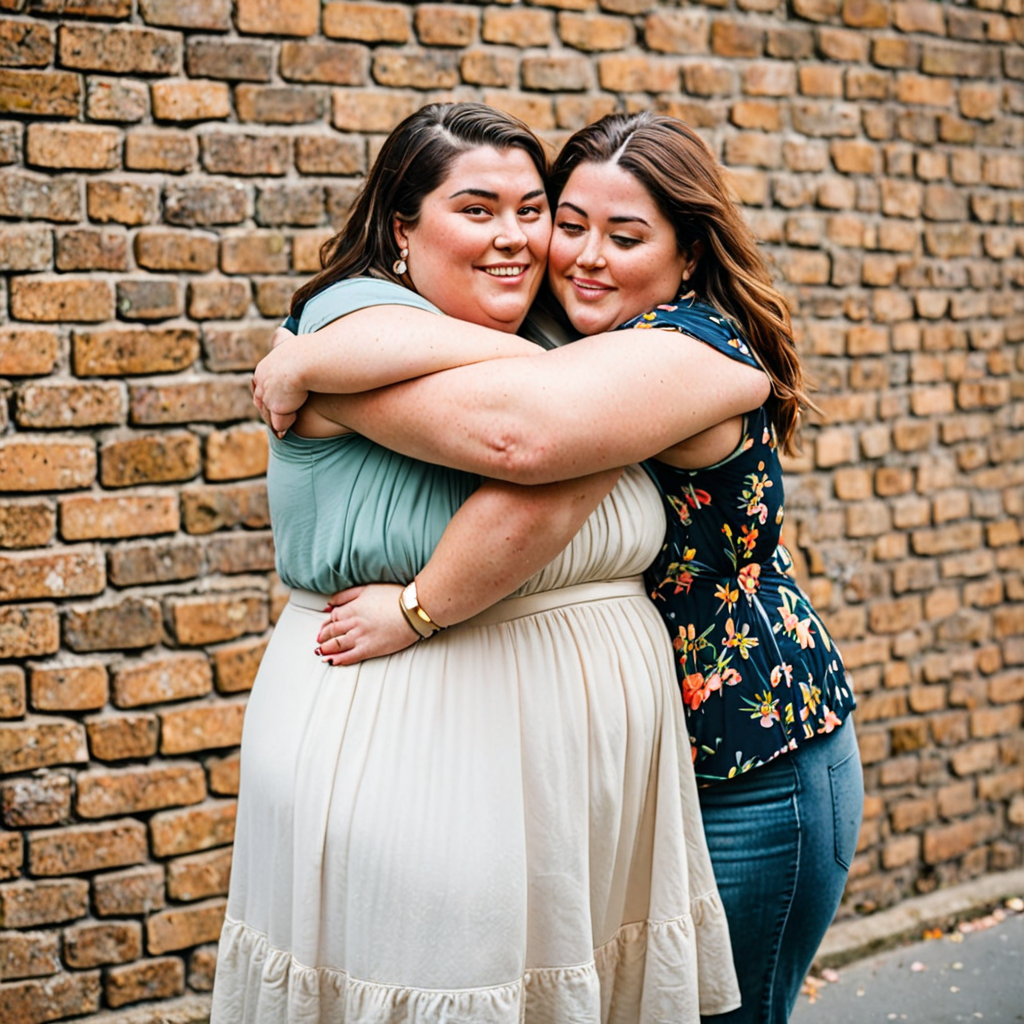 Short fat girl hugging a tall woman