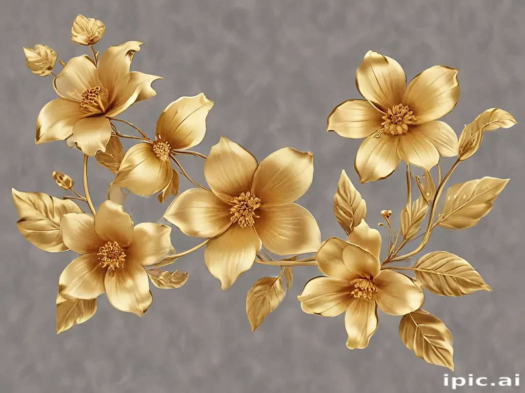 Elegant Gold Floral Design with Delicate Leaves and Blossoming Flowers.