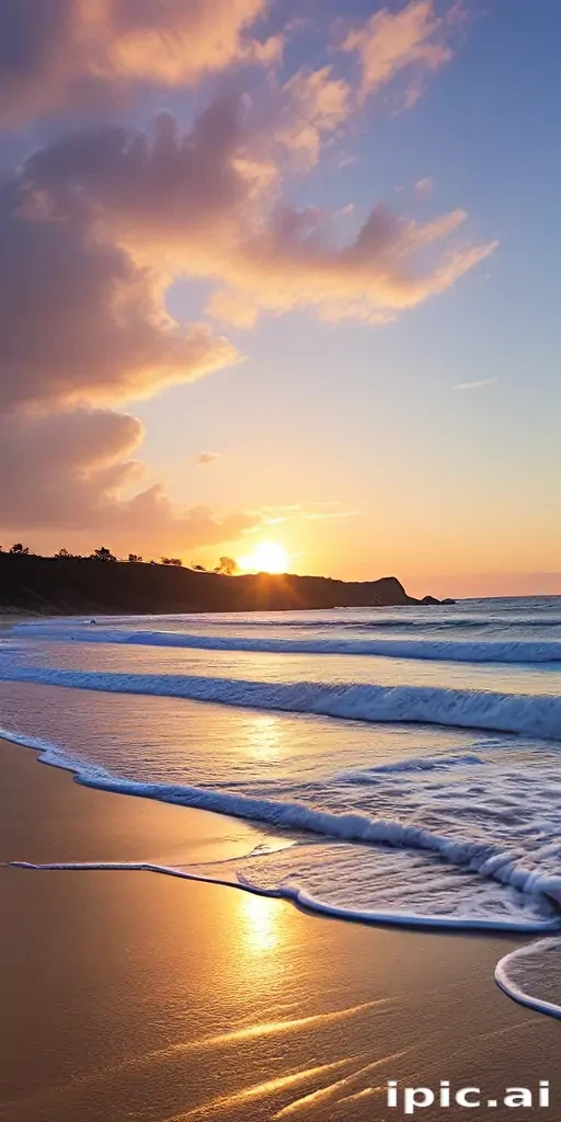 Serene Sunset Over Tranquil Beach with Gentle Waves and Colorful Sky