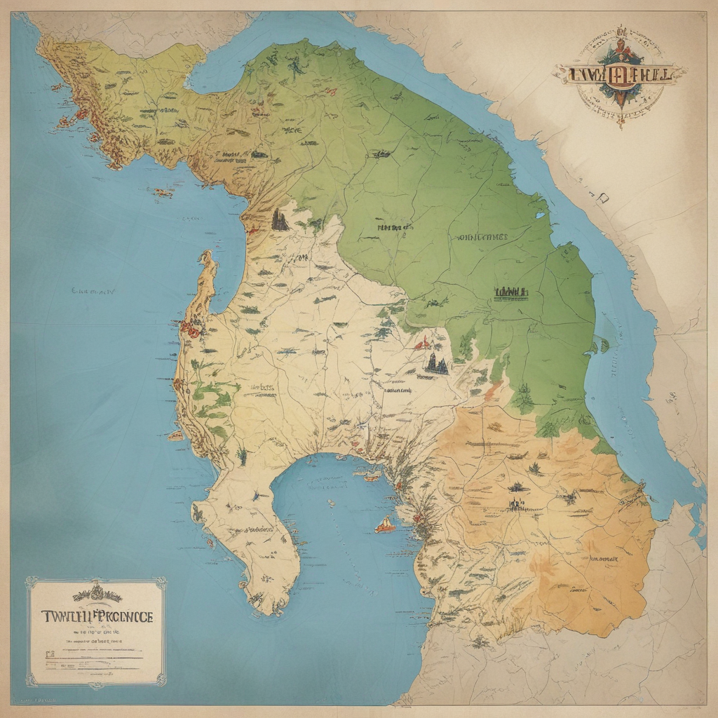Geographical map of a fictional country's twelve colored provinces (the ...