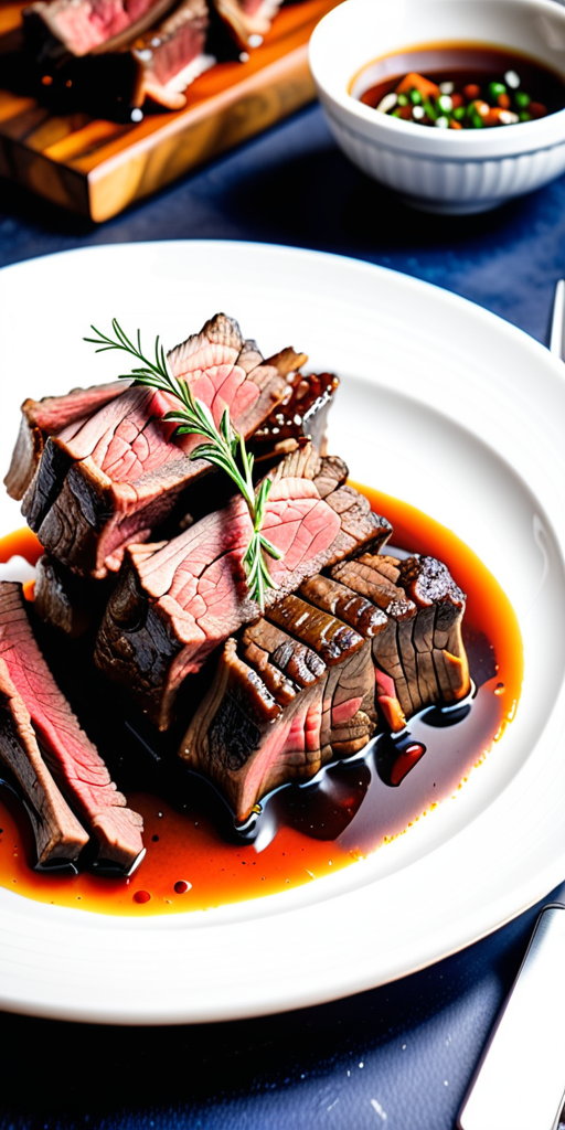 Deliciously Tender Slices of Beef Served with Savory Sauce and Garnish