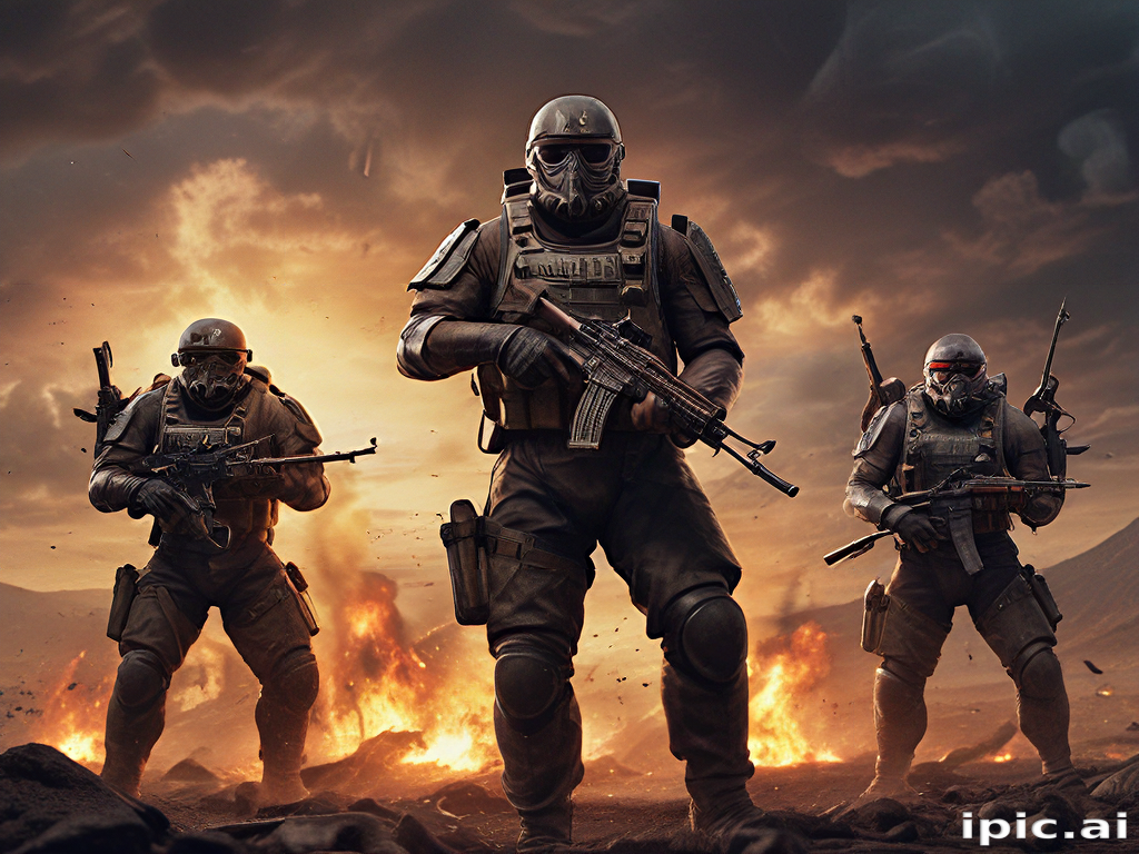 Elite Soldiers Advancing Through Smoke and Fire in a Warzone