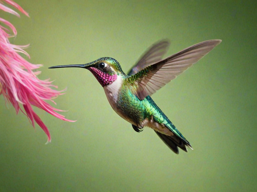 A Vibrant Hummingbird Delicately Approaches a Colorful Pink Flower in ...