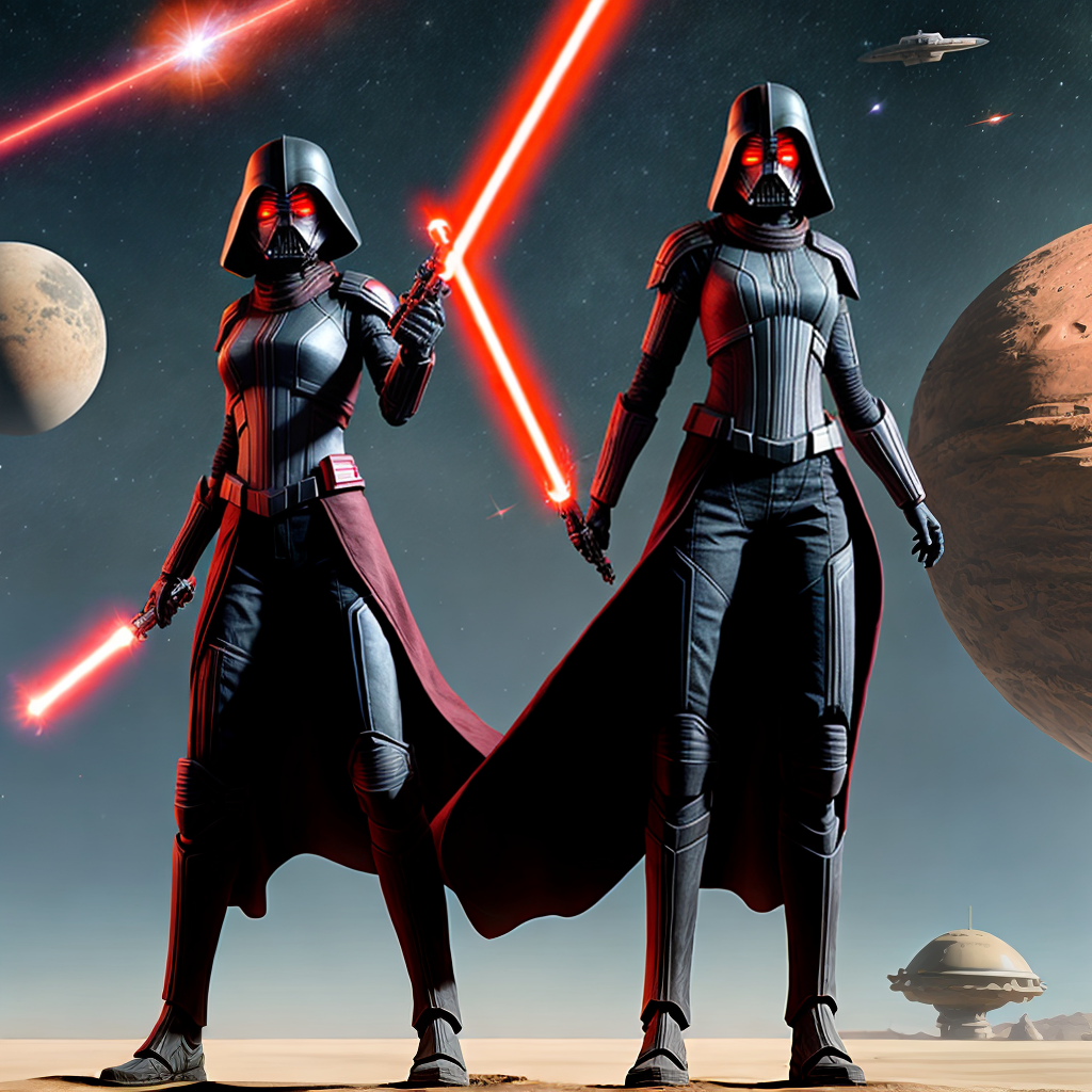 Female Sith with Red Lightsaber on a sandy planet with starship battle ...