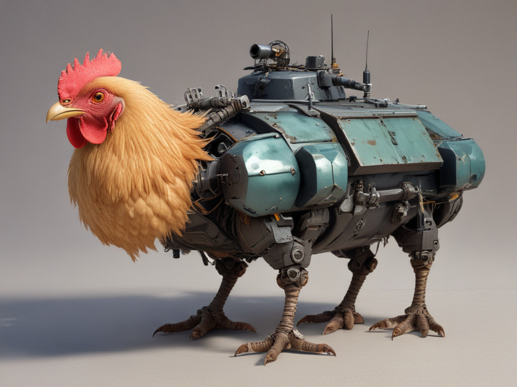 half cyborg chicken with a tank body