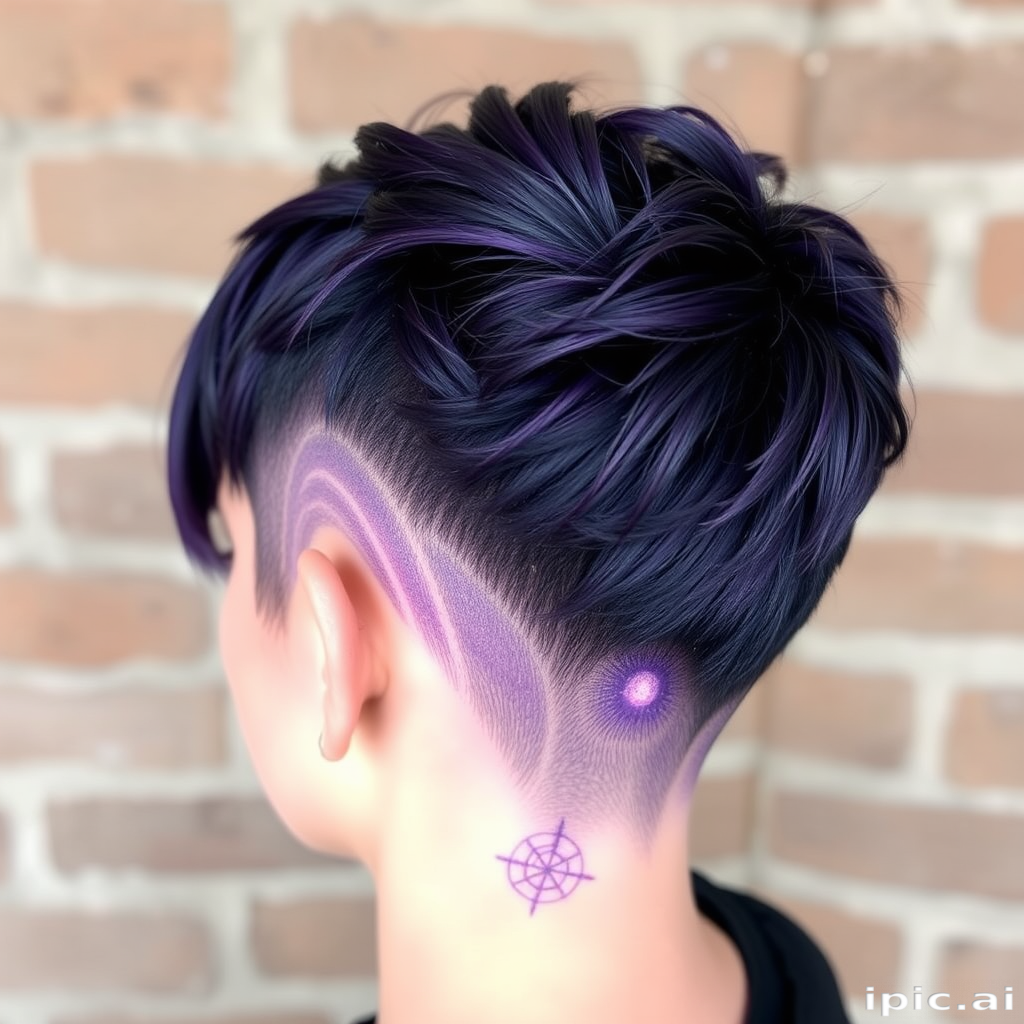 Vibrant Purple Hairstyle with Intricate Design and Unique Undercut Patterns