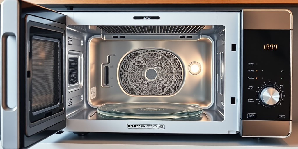 Create a highly detailed, photorealistic image of an open microwave ...