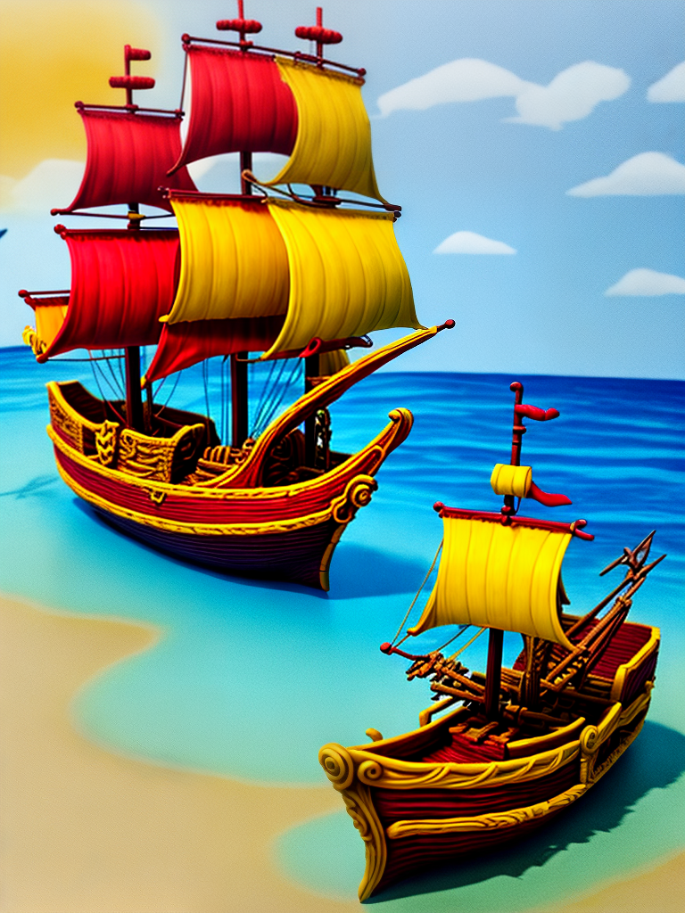 create a red and yellow pirate ship with realistic features and aged ...