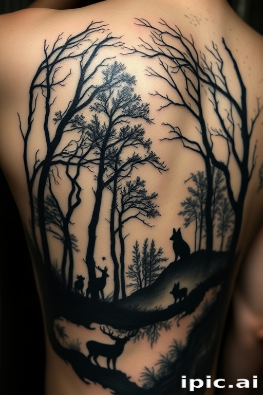 A Stunning Tattoo Depicting a Serene Forest Scene on a Back