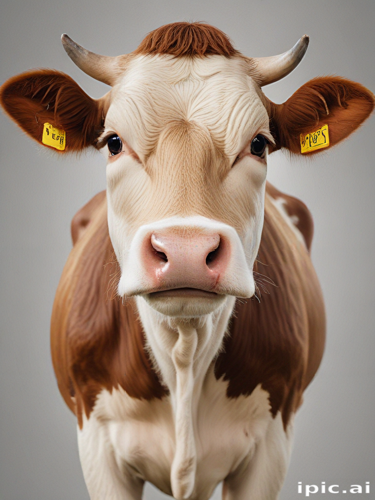 A Close-Up Portrait of a Cute Brown and White Cow with Tags.