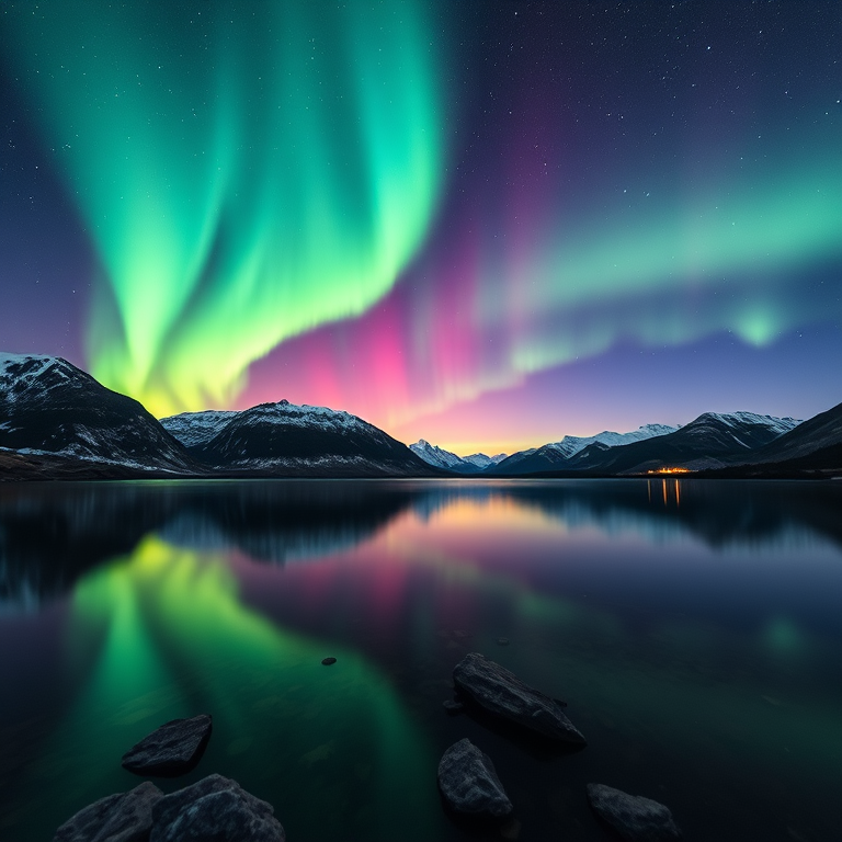 Capture a breathtaking scene of the aurora borealis over a serene lake ...