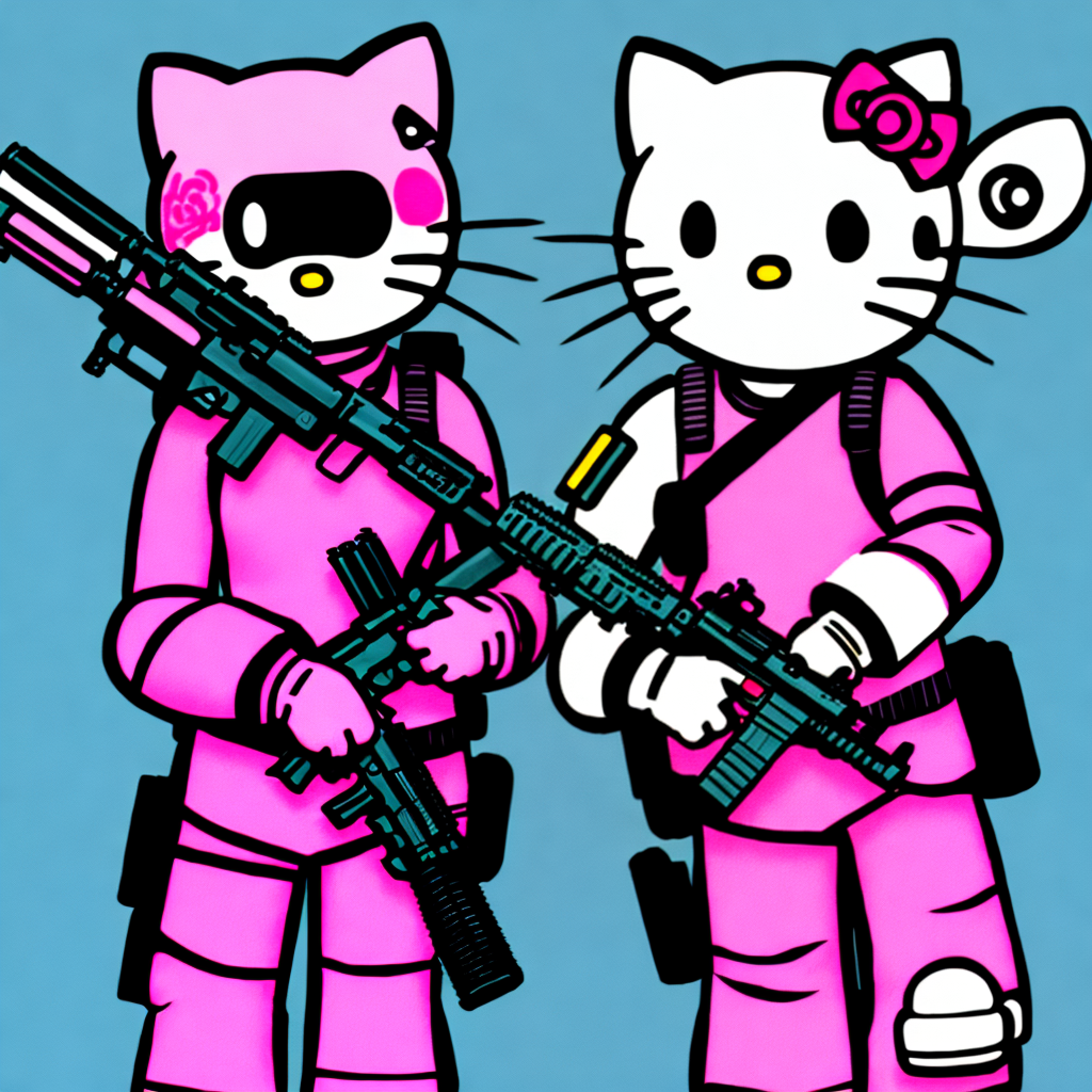 2 Tactical Hello Kitty Cats in full pink SWAT suit Standing and holding ...