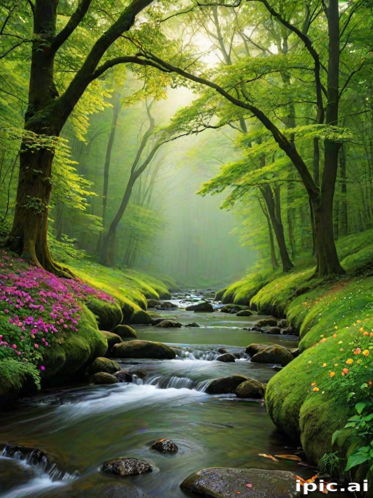 Tranquil Forest Stream Surrounded by Lush Greenery and Colorful Flowers