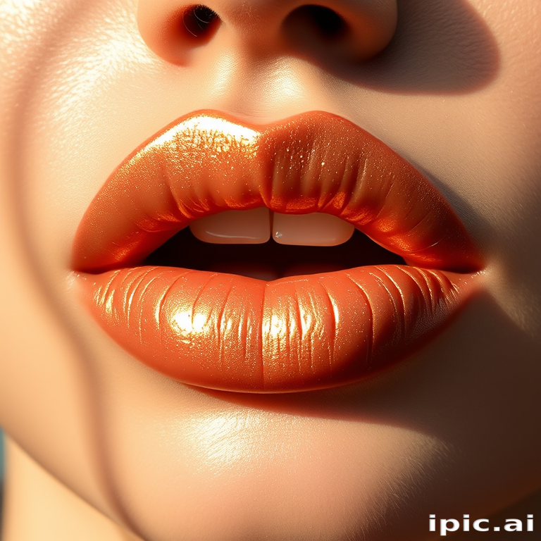 Glossy Orange Lips with a Shimmering Finish Captivating the Viewer’s ...