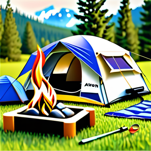 create a 3d illustration of Avon Logo with a camping background.