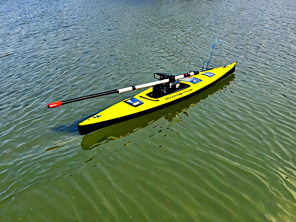ein achter-ruderboot mit humanoieden robotern an den paddeln auf einem fluss. das achter ...