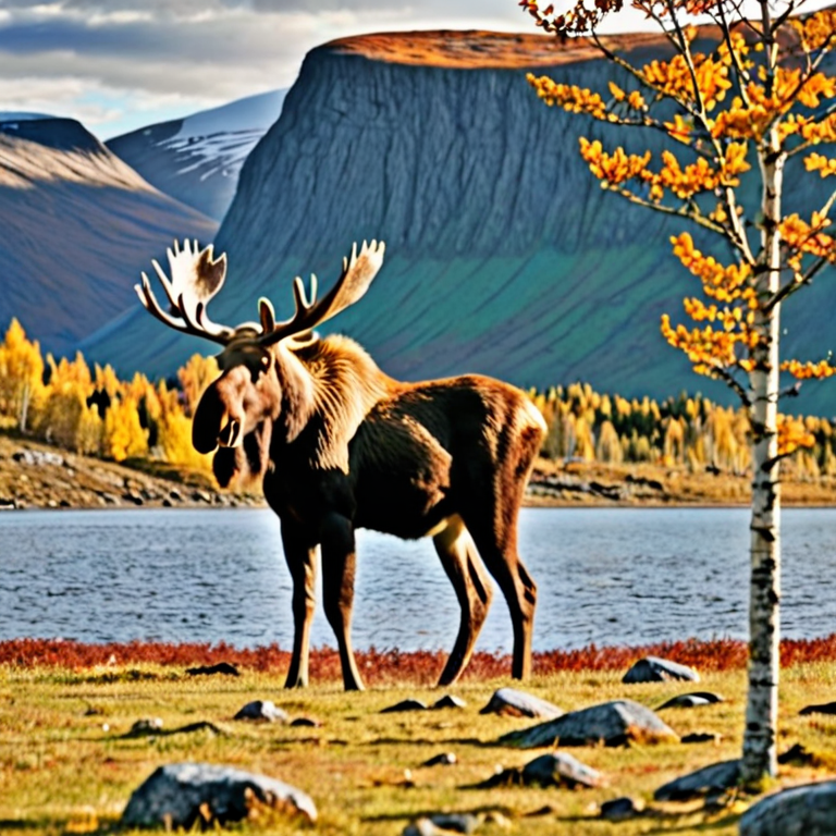 iconic realistic moose on a field near the fjord with the background of ...