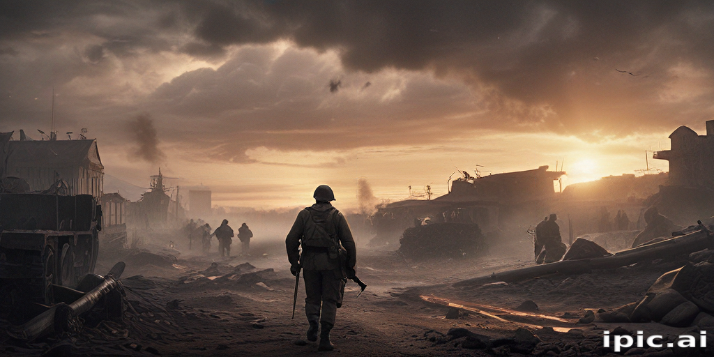 Soldier Walking Through a Desolate War-Torn Landscape at Dusk
