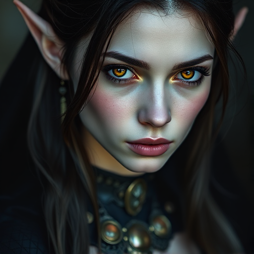Enchanting Portrait of a Mysterious Elf with Striking Golden Eyes