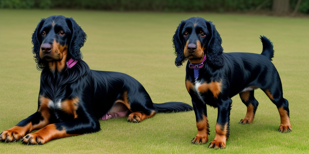 Two Adorable Gordon Setters Sitting Together on a Lush Green Lawn.