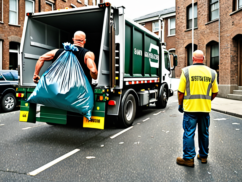 2 realistic handsome older bald muscular garbagemen from behind ...
