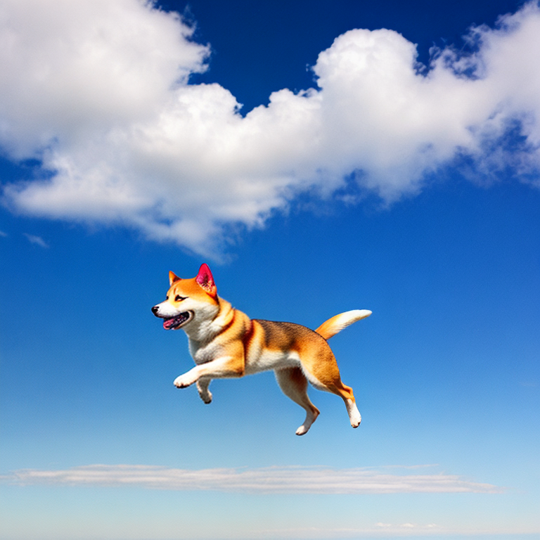 a cute shiba inu in a taurus missile flying over blue skies