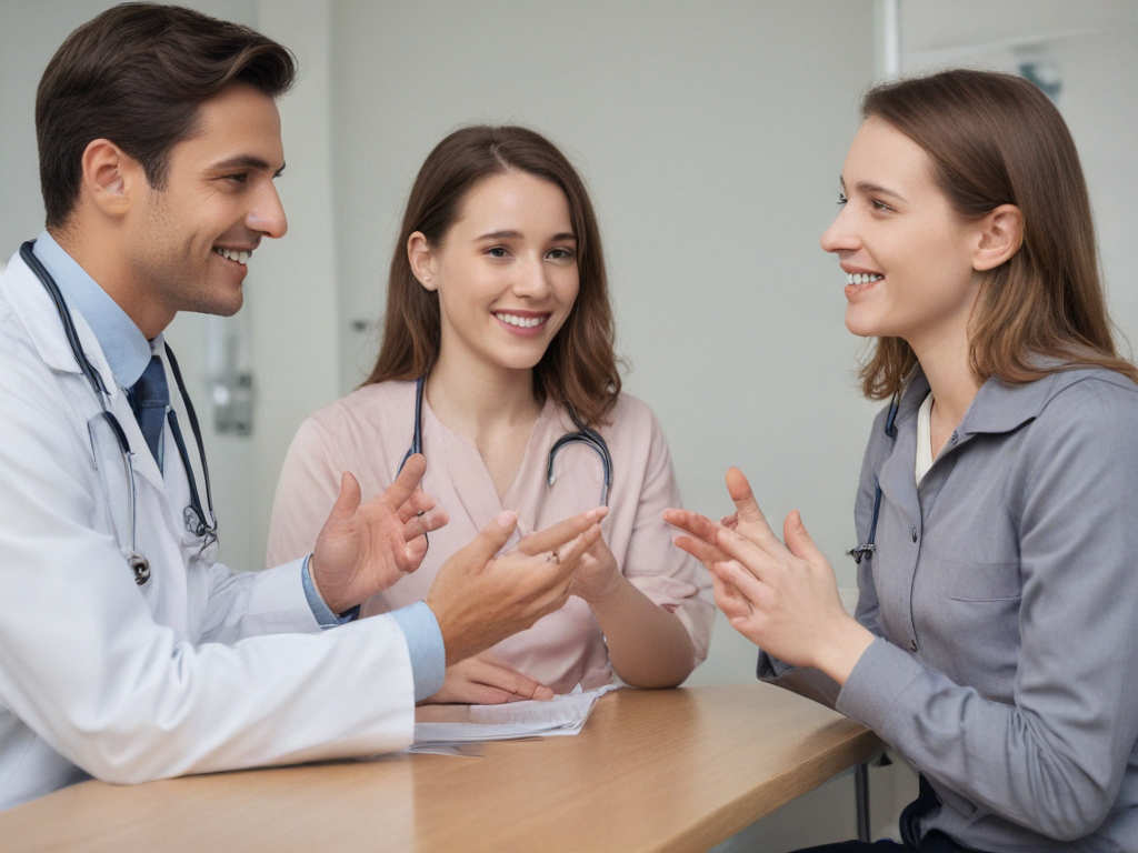 high quality photo of two hearing impaired people talking to a doctor ...